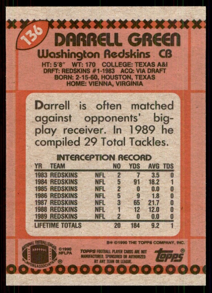 1990 Topps Darrell Green Football Cards #136 | eBay