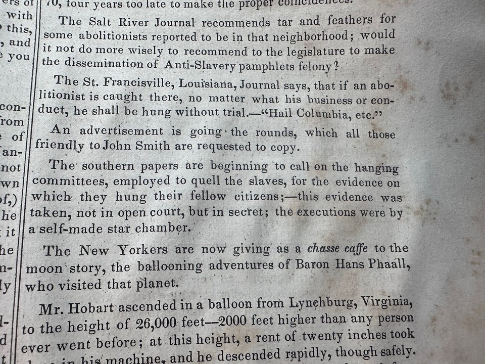 1835 Cincinnati Newspaper Southern Slave Hanging - Abolitionist Tar And ...
