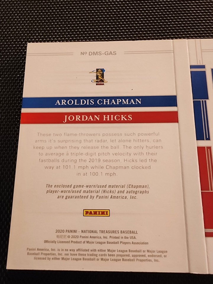 2020 Panini National Treasures Aroldis Chapman/Jordan Hicks DUAL AUTO ...