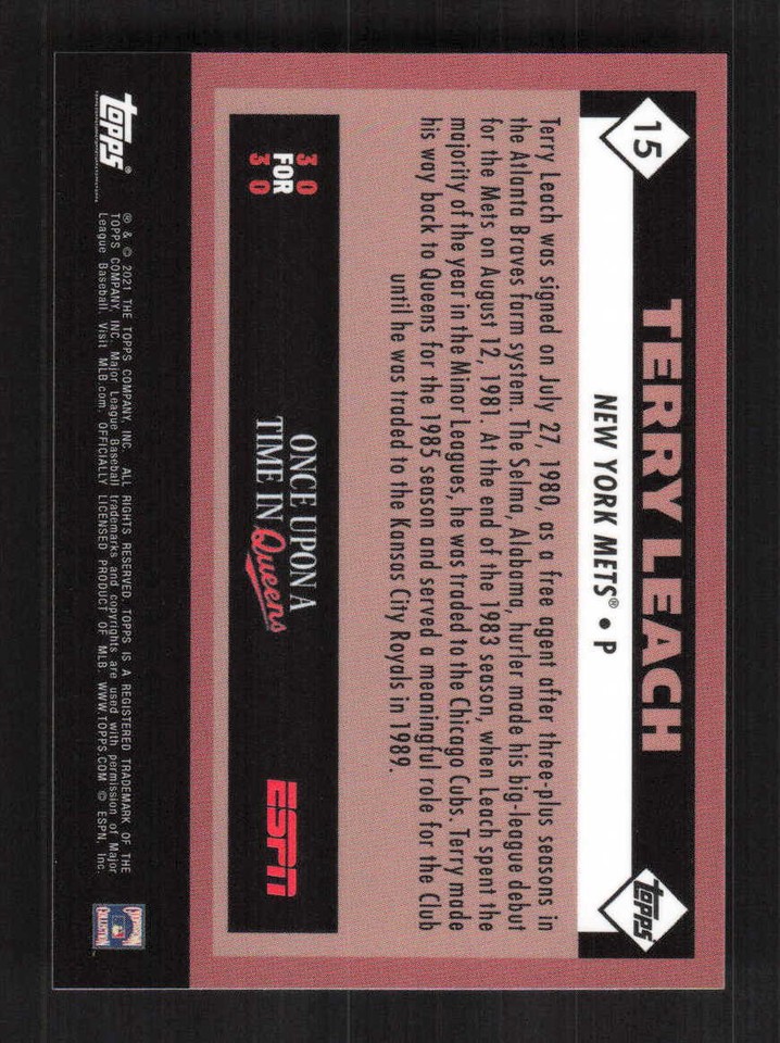 Terry Leach 2021 Topps ESPN Once Upon a Time in Queens New York Mets ...
