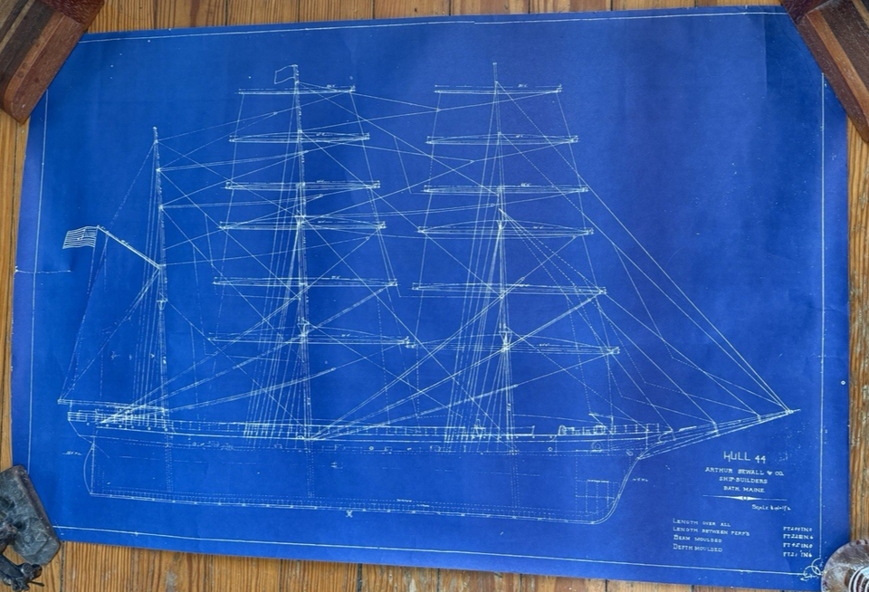 1899 Bath, Maine Sailing Ship "Kaiulani" Blueprint; Sewall Shipyard ...