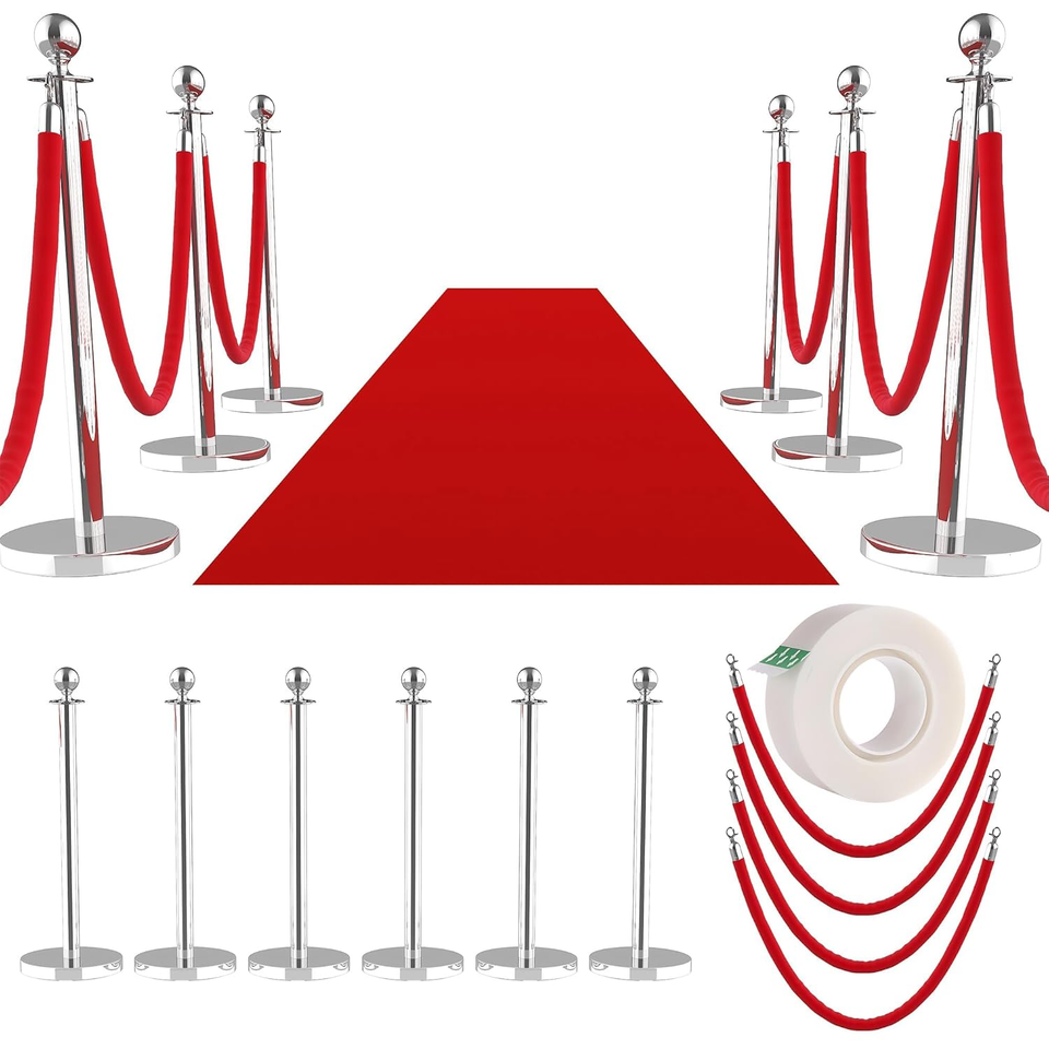 8Pcs Stanchions and Velvet Ropes with 15Ft Red Carpet,Complete Crowd ...