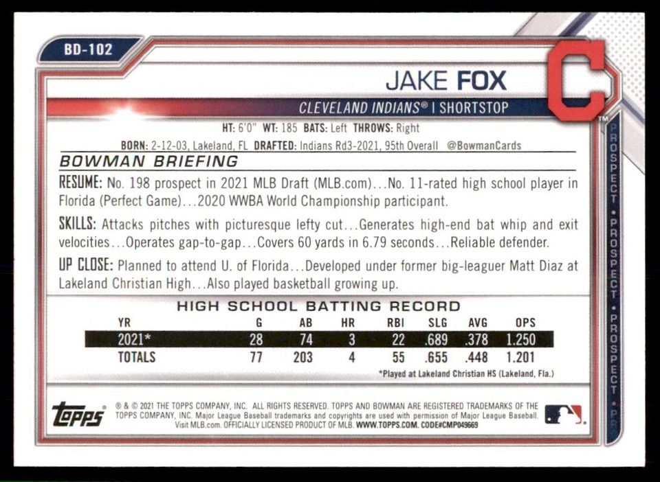 Jake Fox 2021 Bowman Draft Rookie 1st Card RC | #BD-102 Cleveland ...