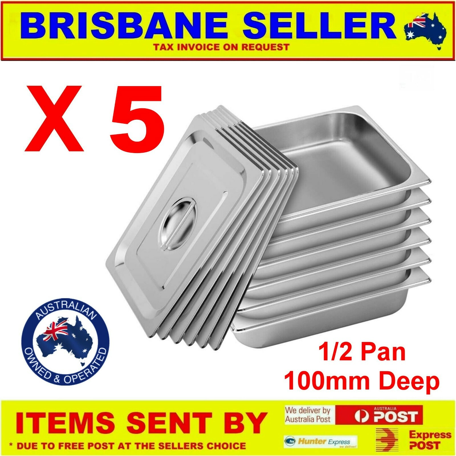 5 x BAIN MARIE TRAYS WITH LIDS 1/2 SIZE 100mm STAINLESS STEEL BRAND ...