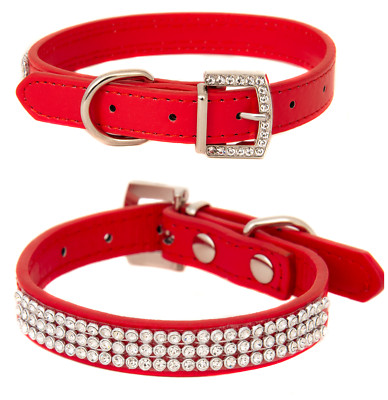 RED Rhinestone Diamond Dog Collar Leather Diamante Dog Puppy Cat Kitten ...