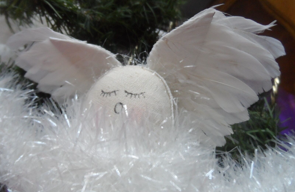 Christmas Ornament - TINSEL COVERED SNOWBALL ANGEL w/REAL FEATHER WINGS ...
