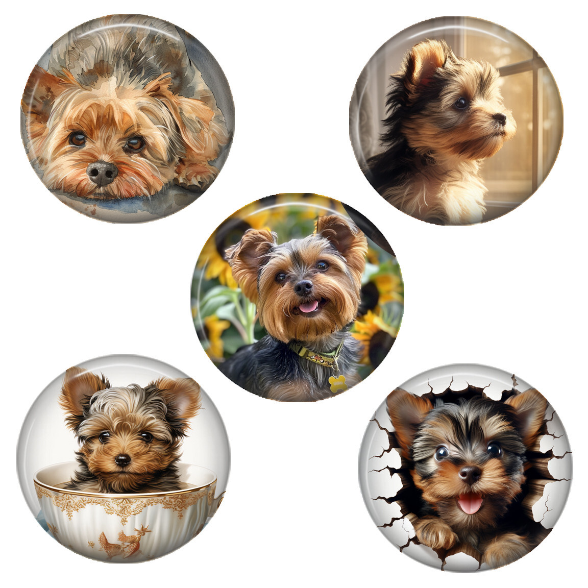 Set Of 5 Yorkie Magnets Yorkshire Terrier Art Print Mylar Button Style ...