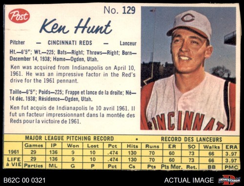 1962 Post Canadian #129 Ken R. Hunt Reds 4 - VG/EX | eBay