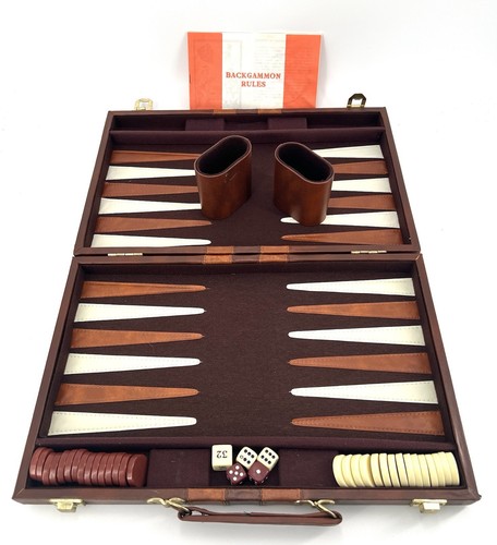 Vintage Faux Leather Backgammon Set in Case Complete w/ Chips Dice ...