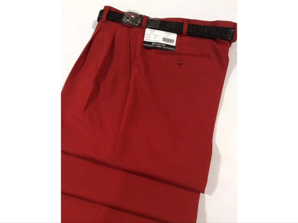 MEN'S RED PLEATED DRESS PANTS SLACKS TROUSERS BLACK BELT CUFFED BOTTOMS ...
