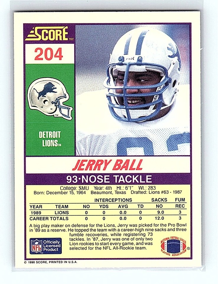 1990 Score Jerry Ball Detroit Lions #204 | eBay