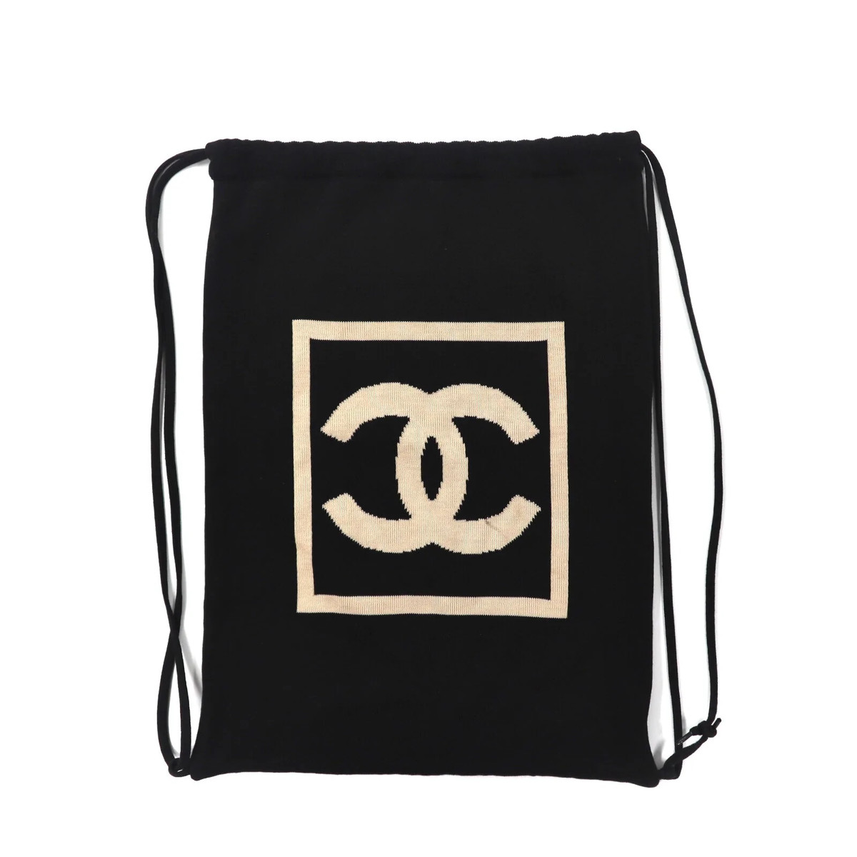 CHANEL CC Black White Cotton Drawstring Bag - Women's handbags