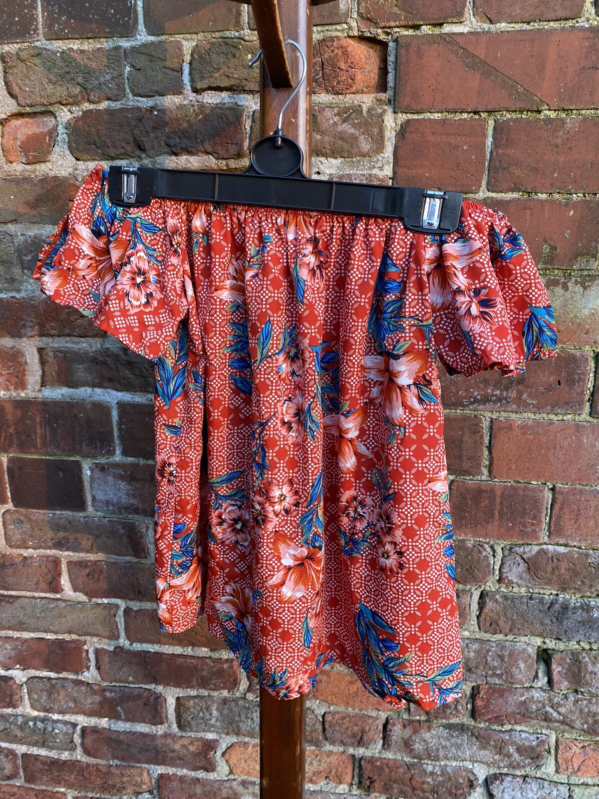 Primark Hawaiian off the shoulder top floral sz 6 red blue | eBay UK
