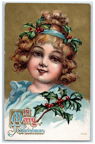 1910 Christmas Cute Little Girl Curly Hair Berries Hover Washington WA ...