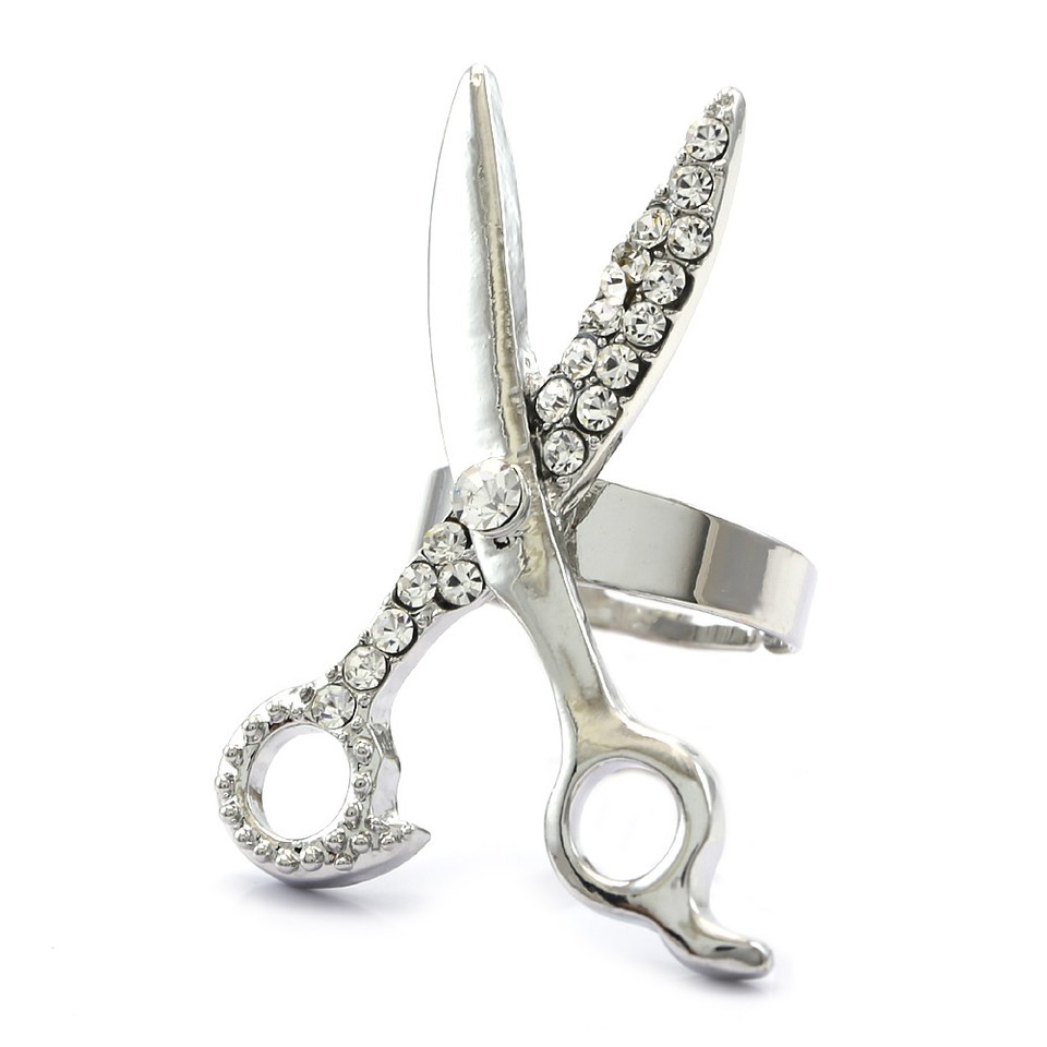 Scissors Ring High Polish Silver Tone Clear Stone Crystals Rhinestone ...