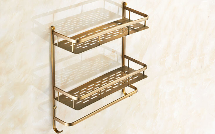 Antique Brass Wall Mounted Two-tier Bathroom Storage Rack with Hooks ...
