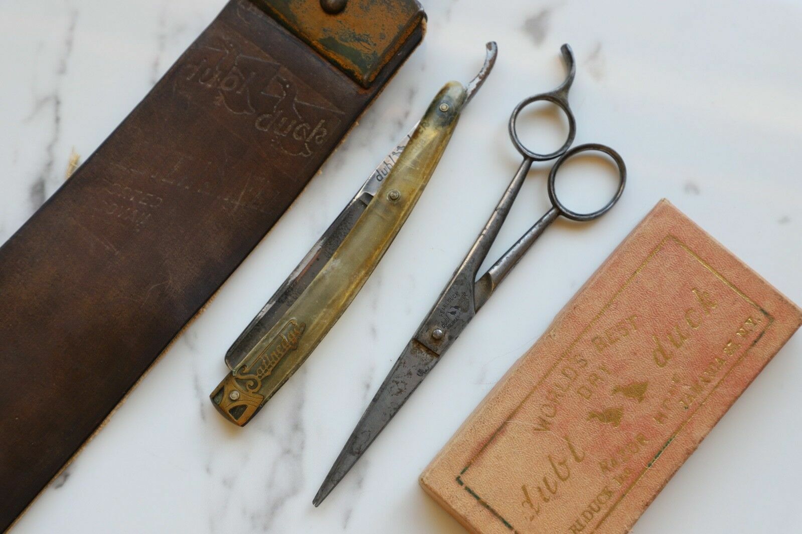 Vtg. Dubl Duck Lot Satin Edge Straight Razor, Pearlduck Strop ...