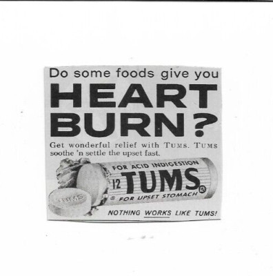 TUMS Heart Burn Relief Vtg 1950s Print Ad Laminated Sticker | eBay