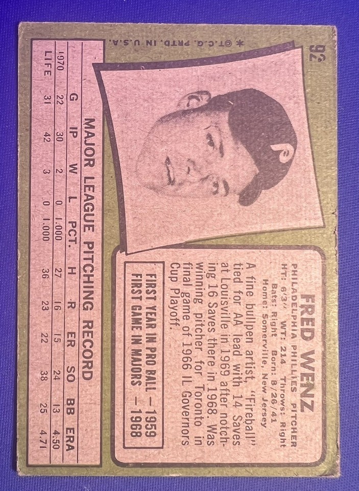 1971 Topps #92 Phillies Fred Wenz🗯️ | eBay