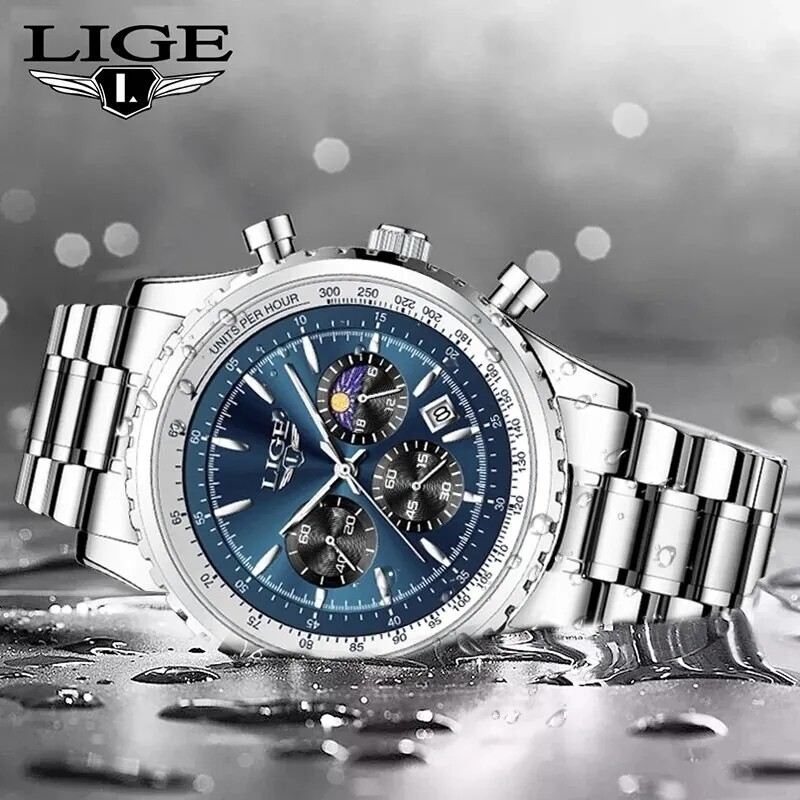 LIGE Mens Wristwatch Luxury Quartz Chronagraph Waterproof Sports Silver ...