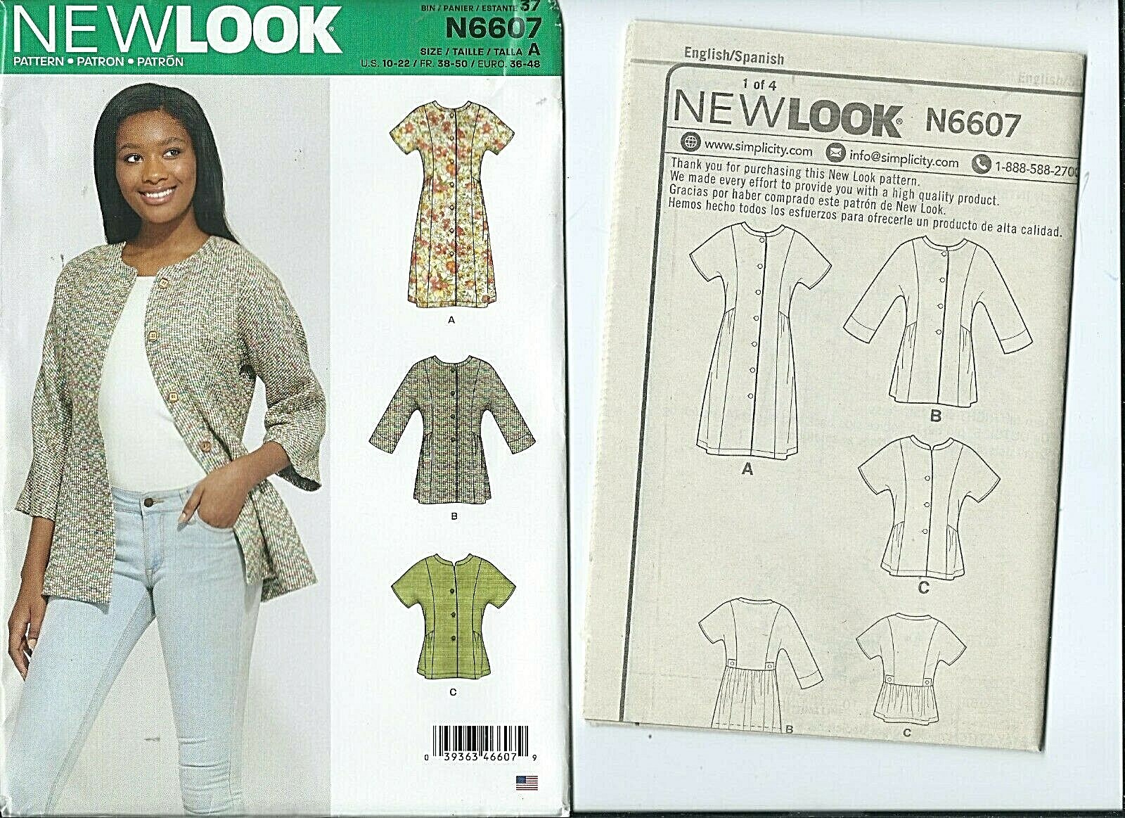 New Look 6607 sewing pattern Chic DRESS JACKET TOP TUNIC sew 7 sizes 10 ...