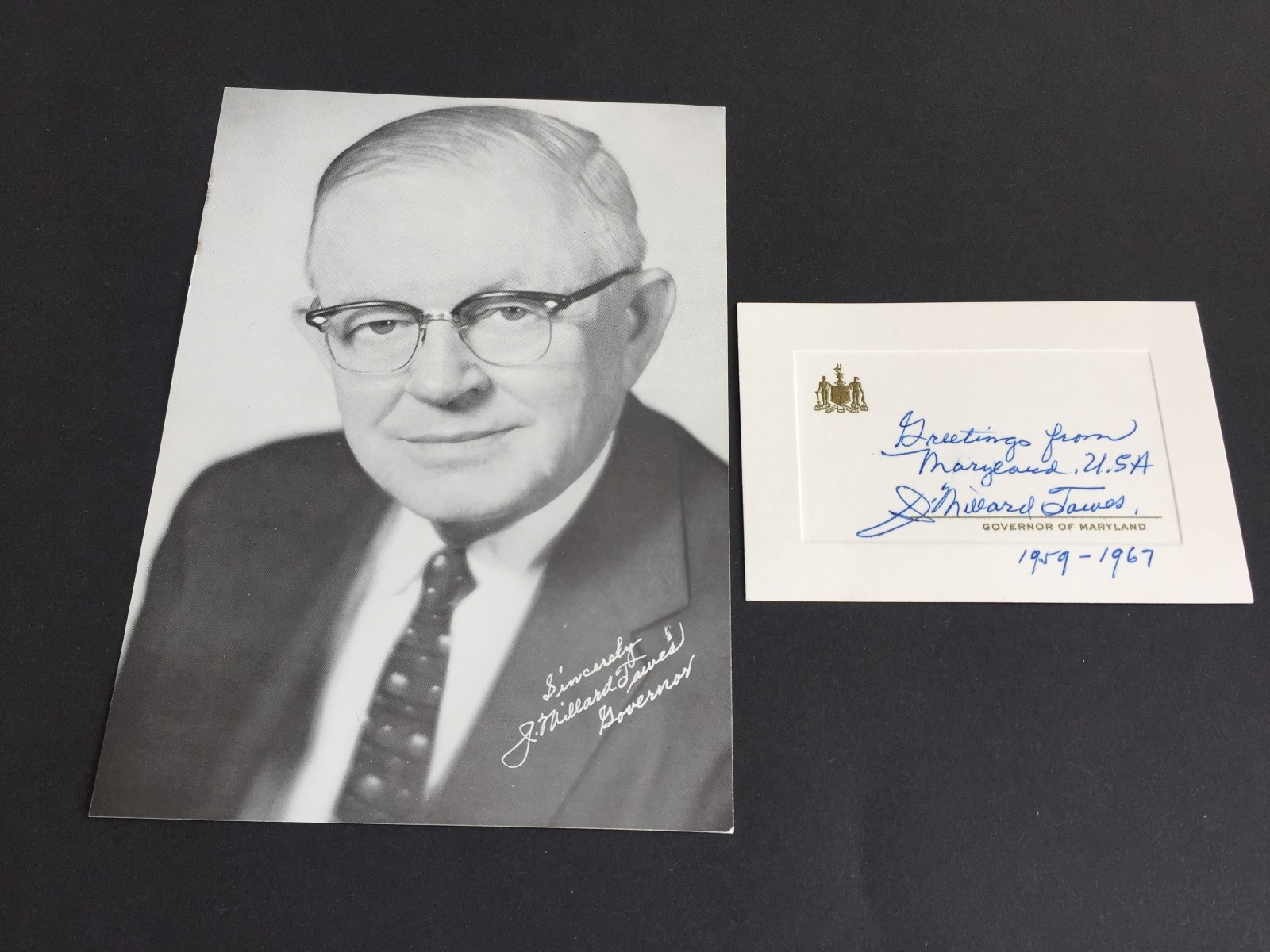 J. MILLARD TAWES †1979 54th Governor of Maryland 1959-1967 signed card ...