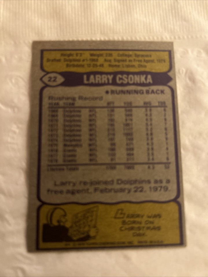 1979 Topps Football Card #22 Larry Csonka Miami Dolphins NmMt Free ...