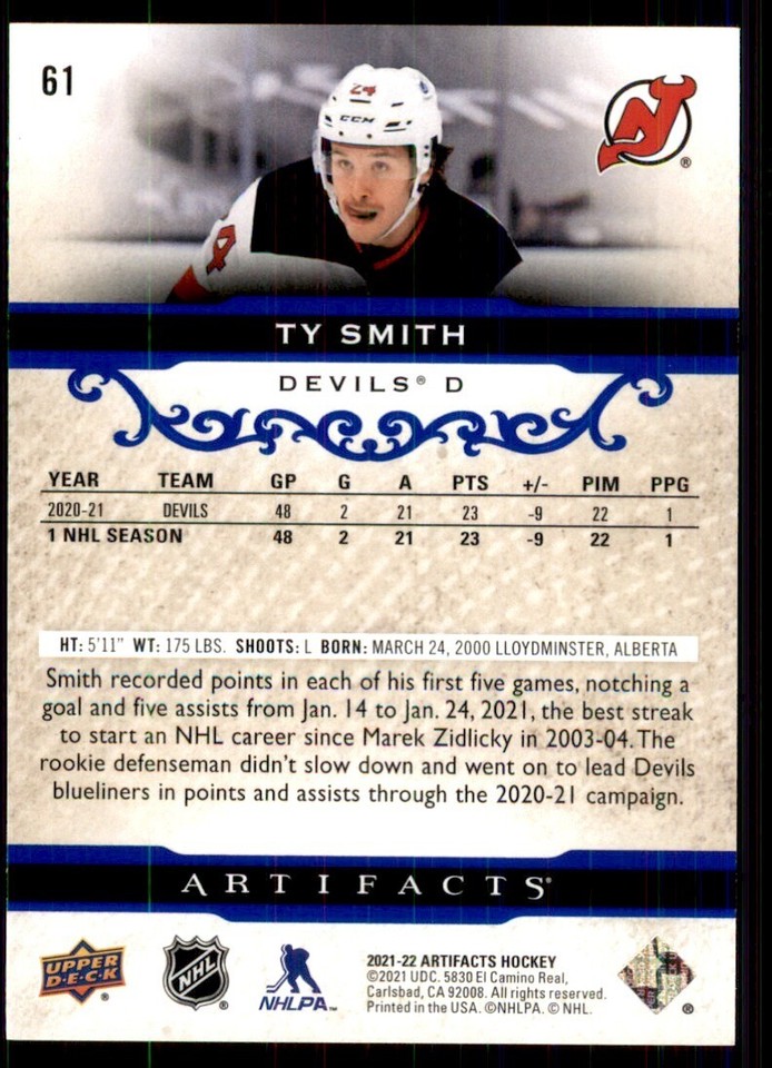 2021-22 UD Artifacts Base Royal Blue #61 Ty Smith /199 - New Jersey ...
