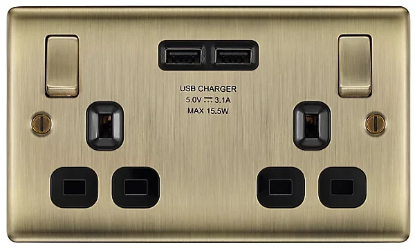 Antique Brass Slim Switched Double Power Plug Socket with 2 x USB ...