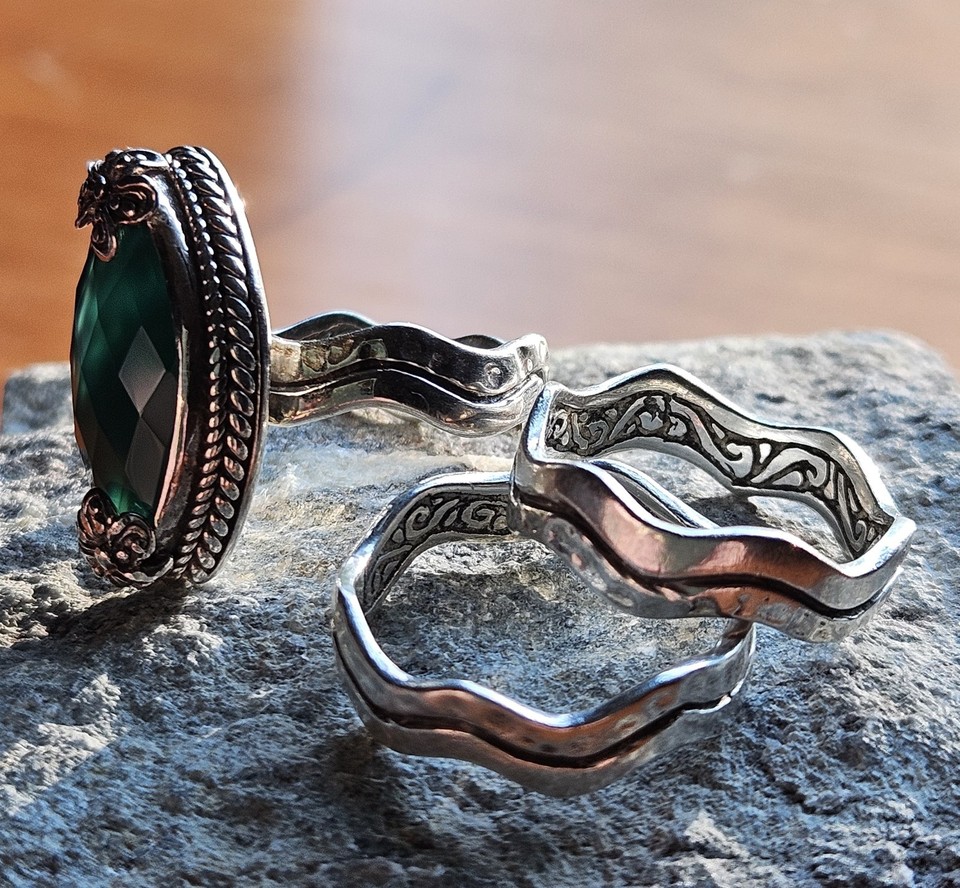 SARDA 925 SS Marquise Checkerboard Green Onyx Ring with 2 Matching ...