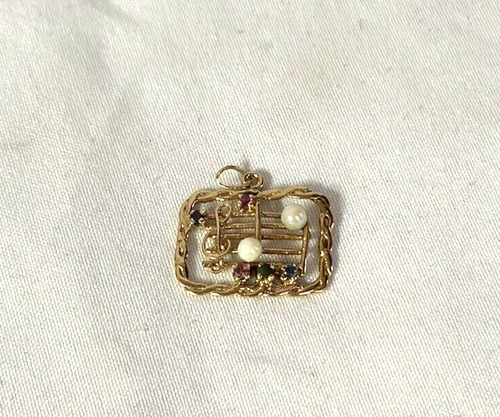 14K SOLID GOLD TREBLE CLEF MUSICAL NOTES CHARM W/ PEARLS, RUBIES ...