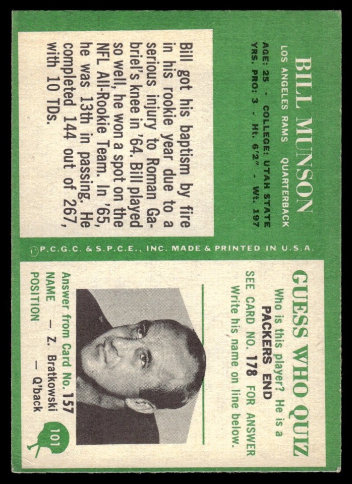 1966 Philadelphia Bill Munson Los Angeles Rams #101 | eBay
