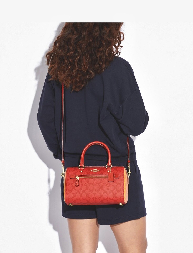 ☂️🍄Coach Rowan Satchel In Block Signature Canvas IM/Miami Red Multi NWT ...