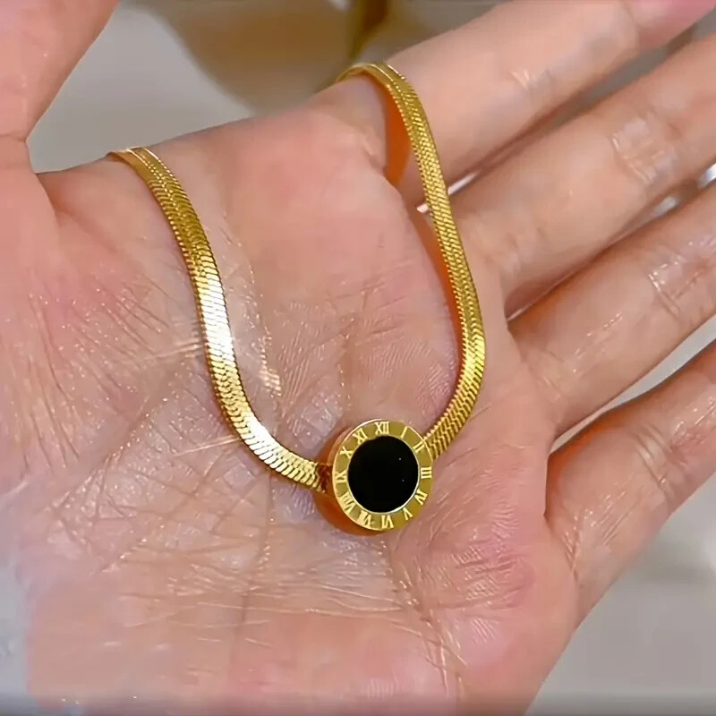 Women Stainless Steel Necklace Herringbone Chain Roman Numeral Clavicle ...