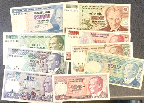 TURKEY 1970 x 9 NOTES 100 , 500 ,1000, 5000 ,10000 ,20000 , 50000 ...