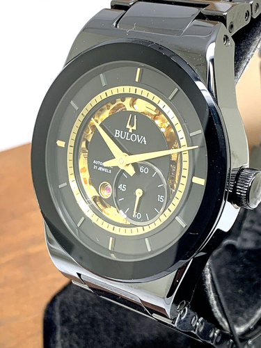 Bulova Men's Watch 98A291 Millennia Automatic Skeleton Gold Black Dial ...