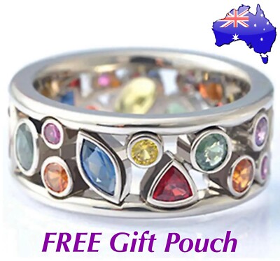 Rainbow Multicolour Crystal Gemstone Geometric Mystical Silver Ring ...