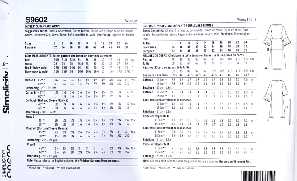 Simplicity 9602 Misses' Caftans and Wraps Misses 16-24 Sewing Pattern ...
