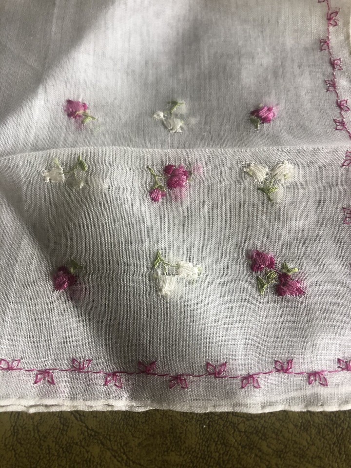 Vintage Handkerchief Swiss White Sheer Floral Pink and White Buds ...