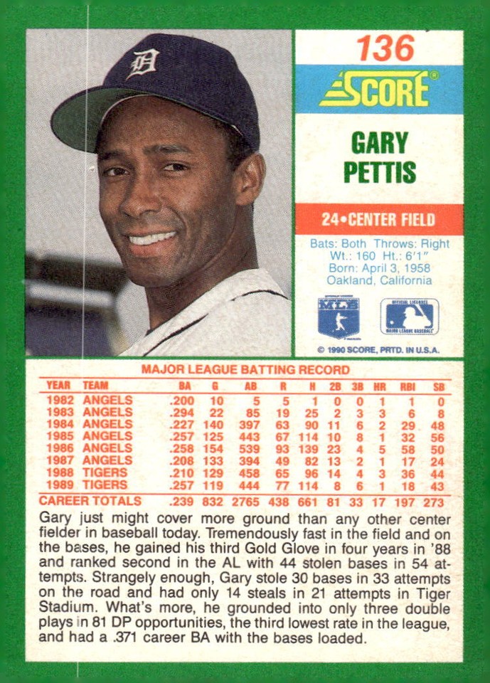 1990 Score #136 Gary Pettis - Detroit Tigers | eBay