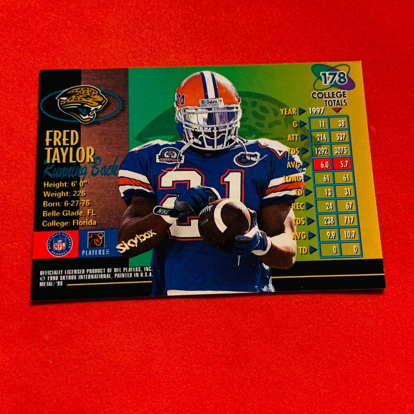 Fred Taylor ROOKIE Florida Gators / Jacksonville Jaguars 1998 Metal ...
