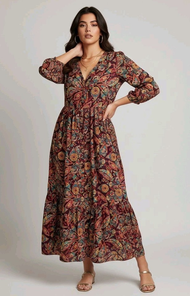 Anthropologie Me 2 Magic Women's Floral Paisley Maxi Dress Boho Pleated ...