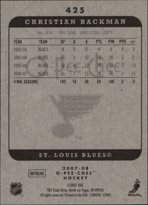 2007-08 O-Pee-Chee #425 Christian Backman | eBay