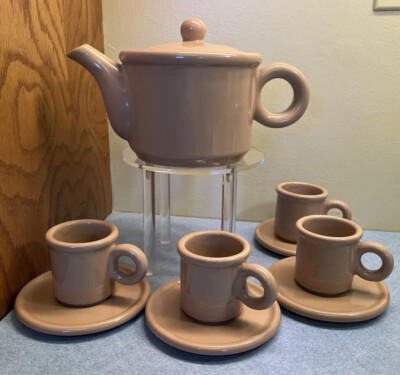Teapot Modern Circle Handle Tan w/ 4 Demitasse cups & Saucers Clean ...