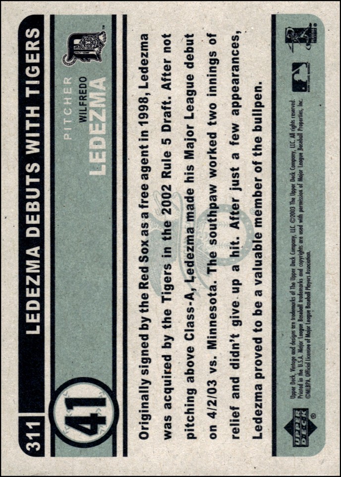 2003 Upper Deck Vintage #311 Wilfredo Ledezma Rookie Detroit Tigers | eBay