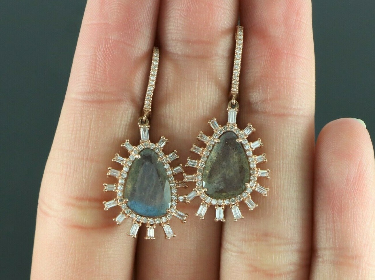 $3,250 14K Rose Gold Romanian Spectrolite Round Baguette Diamond Dangle ...