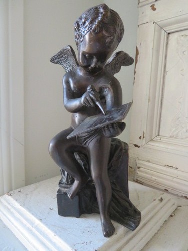 Vintage Heavy Metal STATUE Angel Cherub with Wings Bronze Sitting ...
