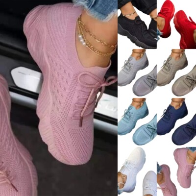 Womens Ladies Running Trainers Slip On Sports Sneakers Mesh Comfy Gym ...