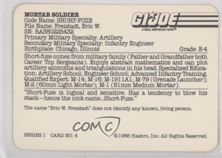 1986 Hasbro/Milton Bradley GI Joe Action Cards Short-Fuze #4 6t6 | eBay