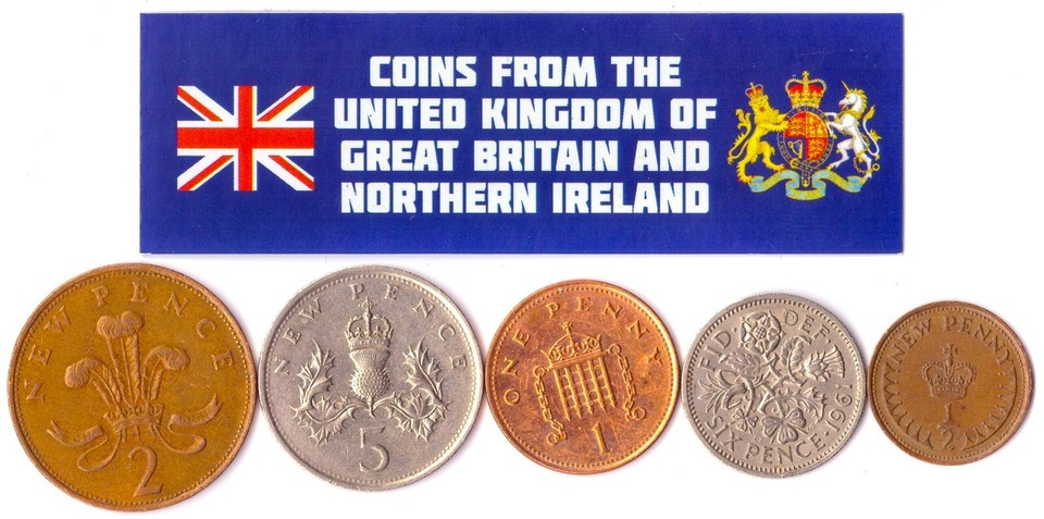 5 BRITISH COINS. DIFFERENT COINS FROM ENGLAND. FOREIGN CURRENCY ...